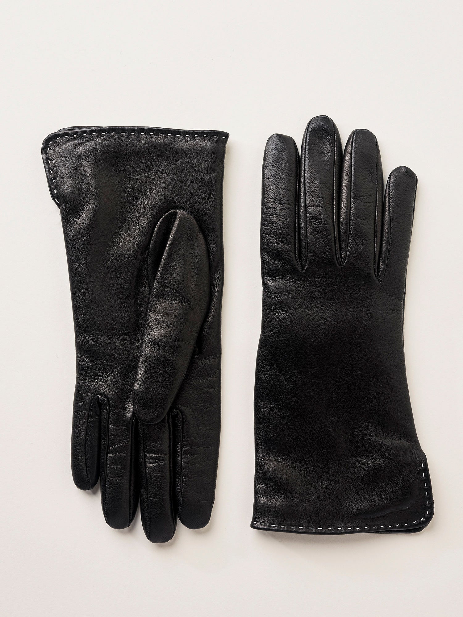 Anna Black Leather Gloves Lined in Cashmere with White Hand Stitching ...
